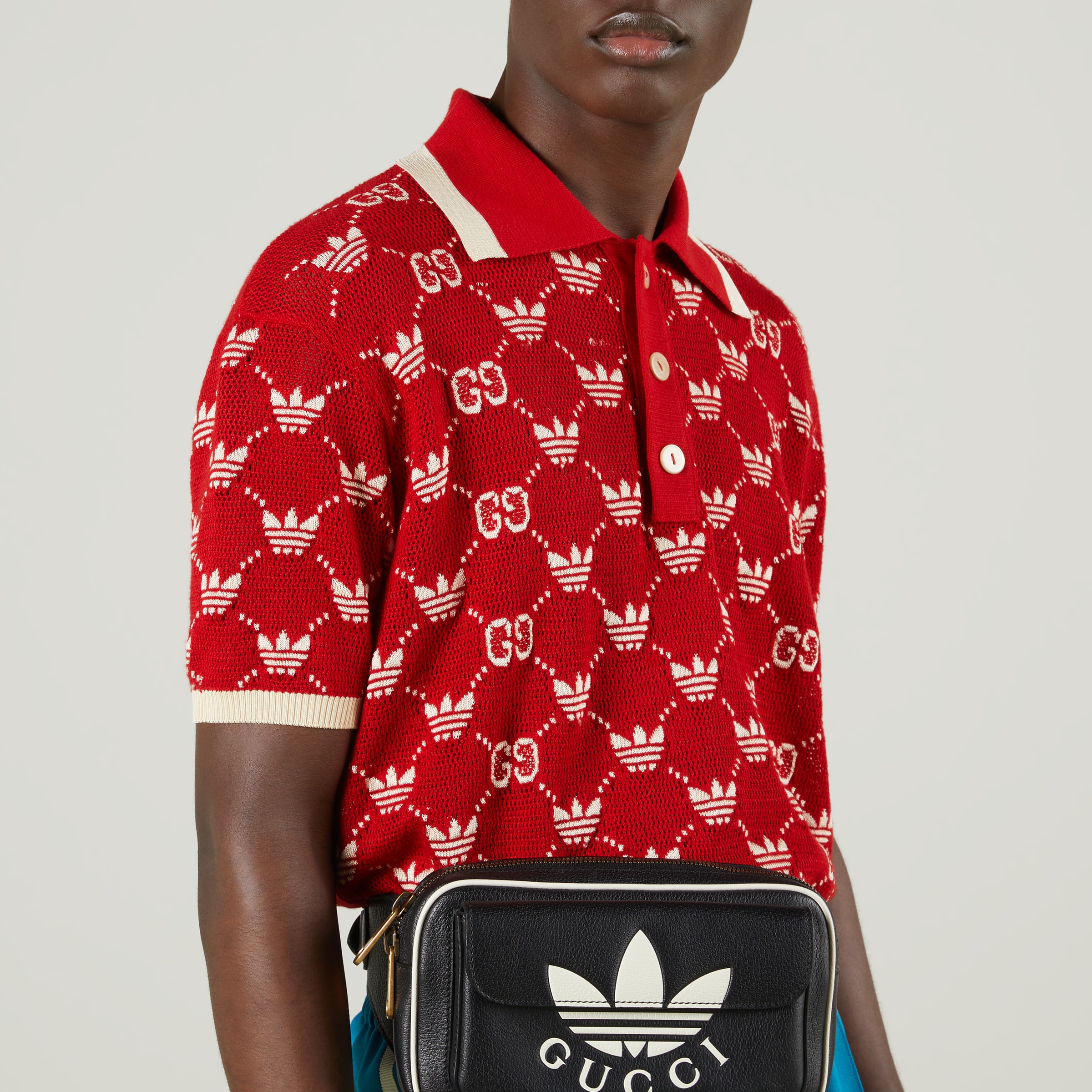 adidas x Gucci GG Trefoil polo shirt in red and ivory | GUCCI® US