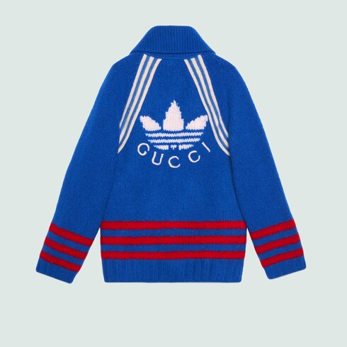 adidas x Gucci intarsia wool cardigan in blue | GUCCI® UK
