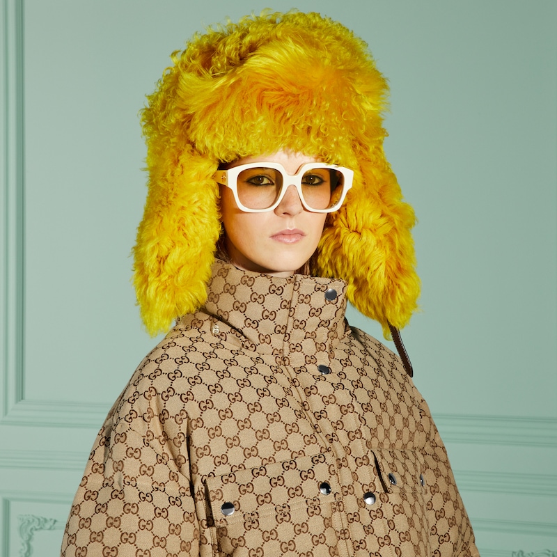 Puffer-Jacke aus GG Baumwollcanvas in camel und ebenholz | GUCCI® AT