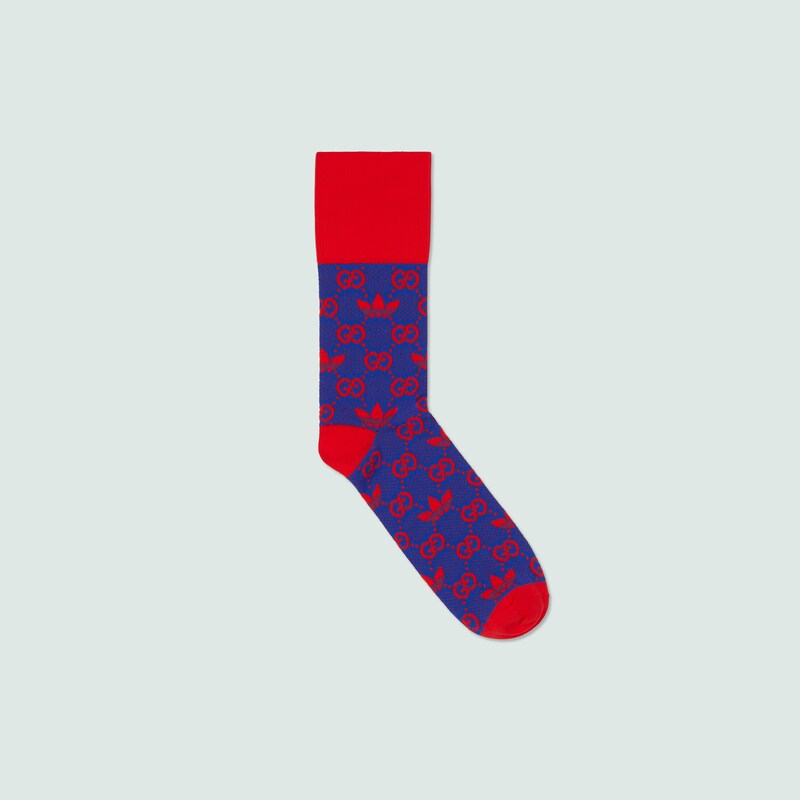 adidas x Gucci GG Trefoil nylon knit socks in royal blue and red ...