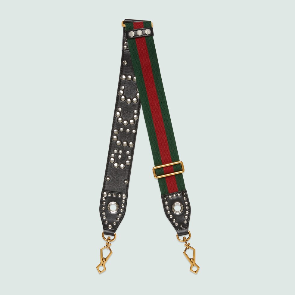 Wide studded 'Gucci' Web shoulder strap in green and red canvas | GUCCI® BE