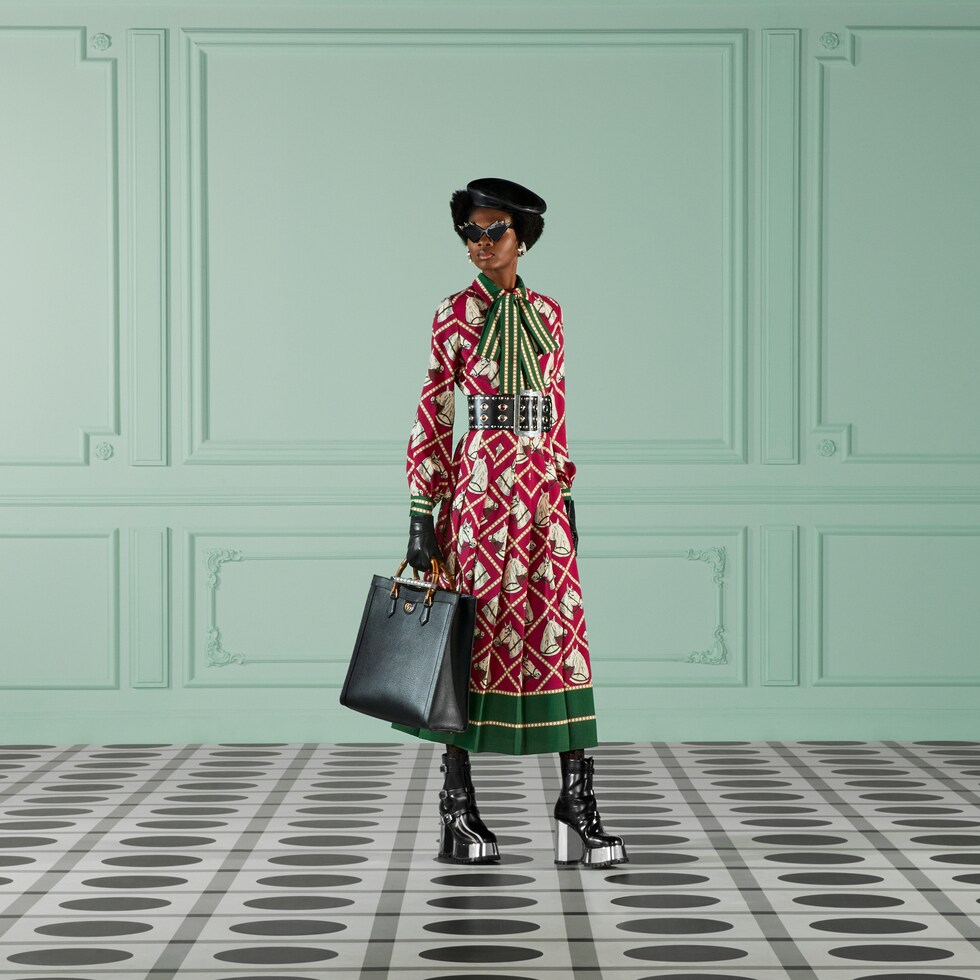 Check equestrian print wool dress in burgundy and green | GUCCI® NL