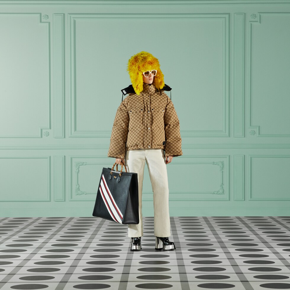 GG cotton canvas puffer jacket in camel and ebony | GUCCI® SG