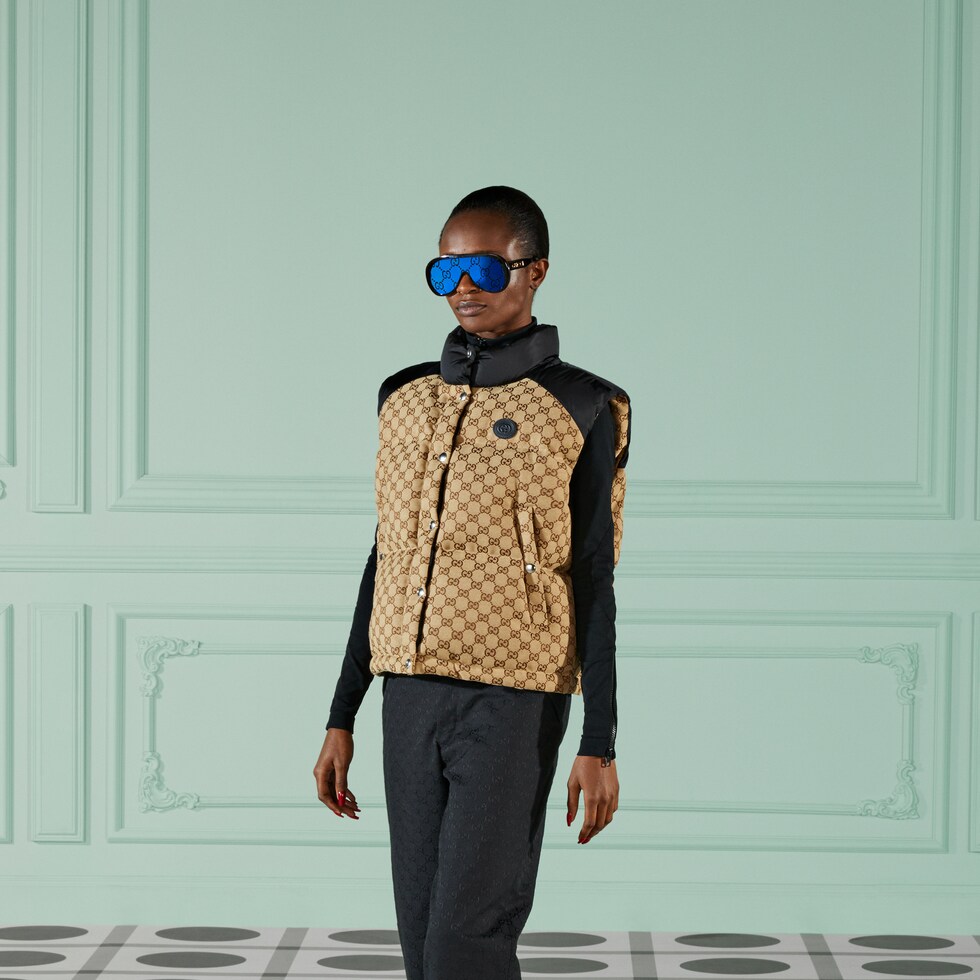 GG cotton canvas puffer vest in camel and brown | GUCCI® AE