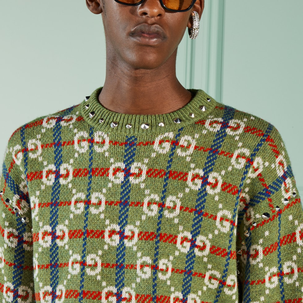 GG check knit wool sweater in blue and green | GUCCI® SG
