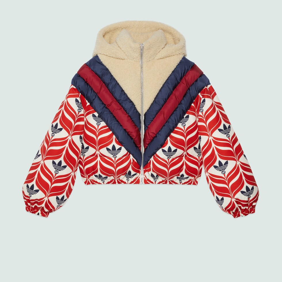 adidas x Gucci hooded puffer jacket in black, white and red | GUCCI® AE