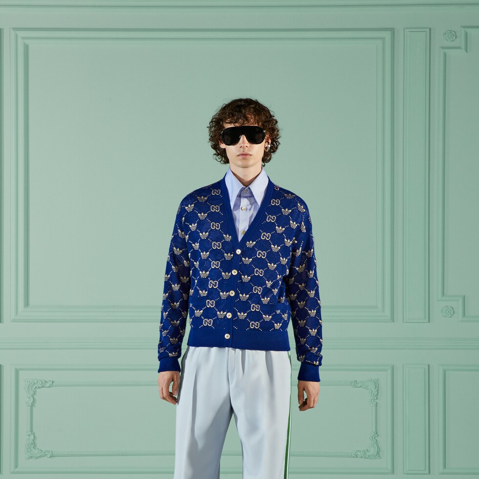 adidas x Gucci GG Trefoil cardigan in blue and ivory | GUCCI® DK