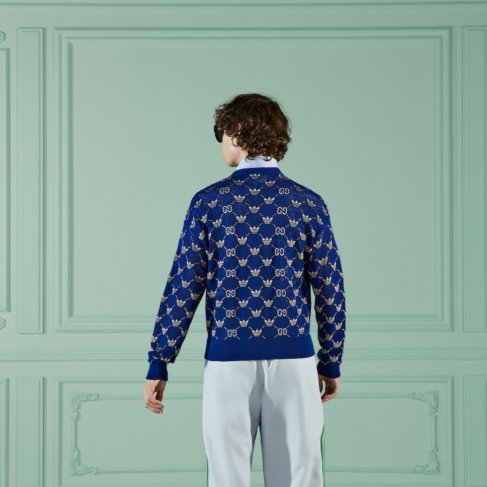 adidas x Gucci GG Trefoil cardigan in blue and ivory | GUCCI® DK