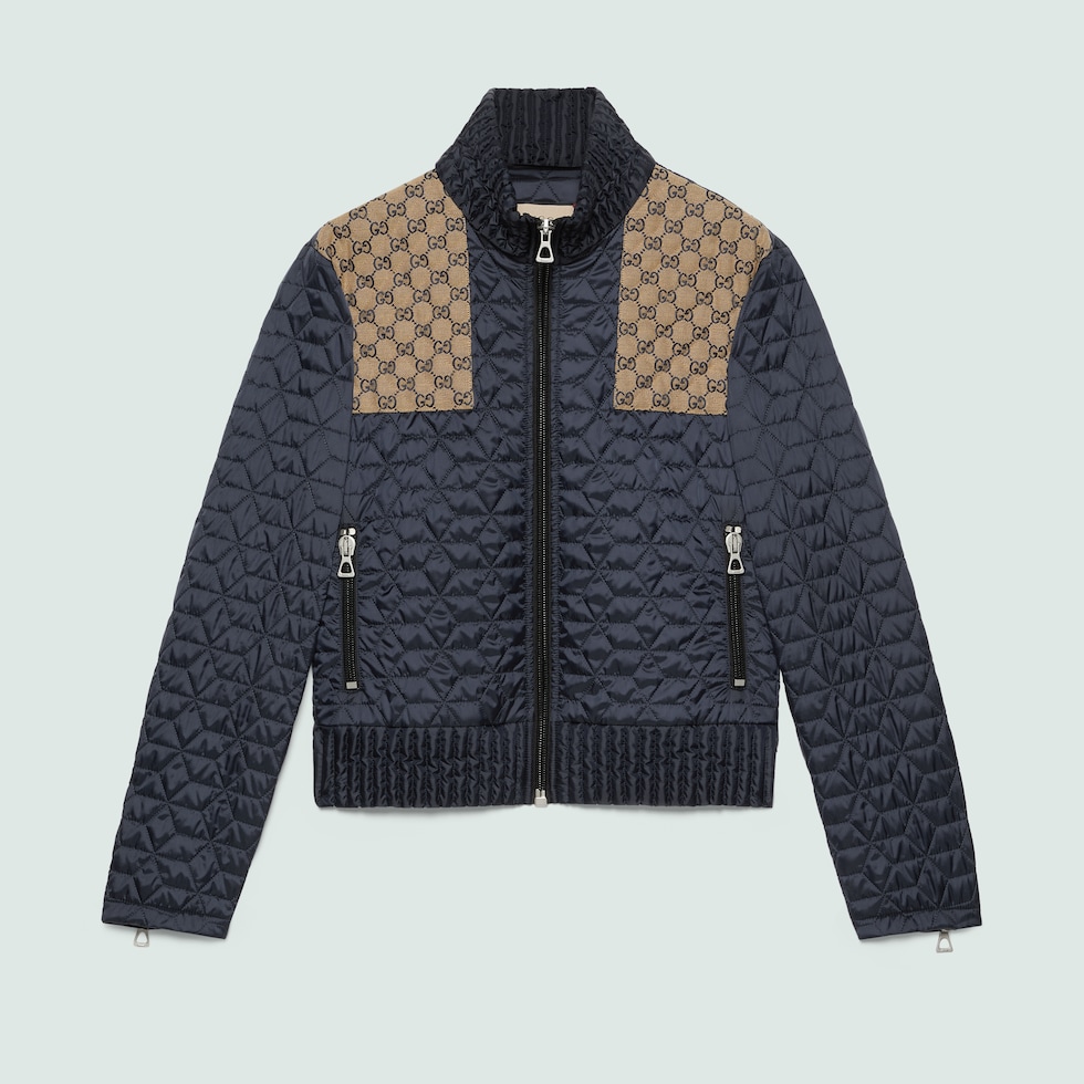 Quilted jacket with GG fabric detail in blue | GUCCI® UK