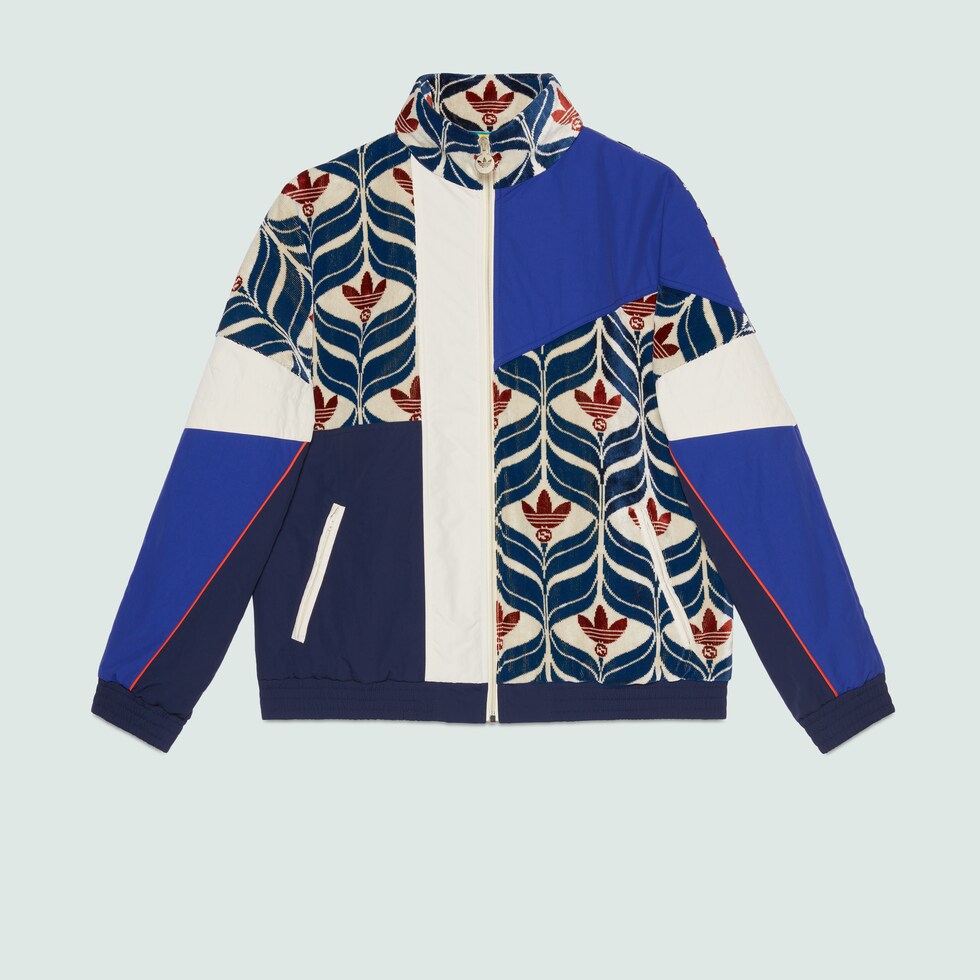 adidas x Gucci Interlocking G and Trefoil jacket in ivory, blue and red ...