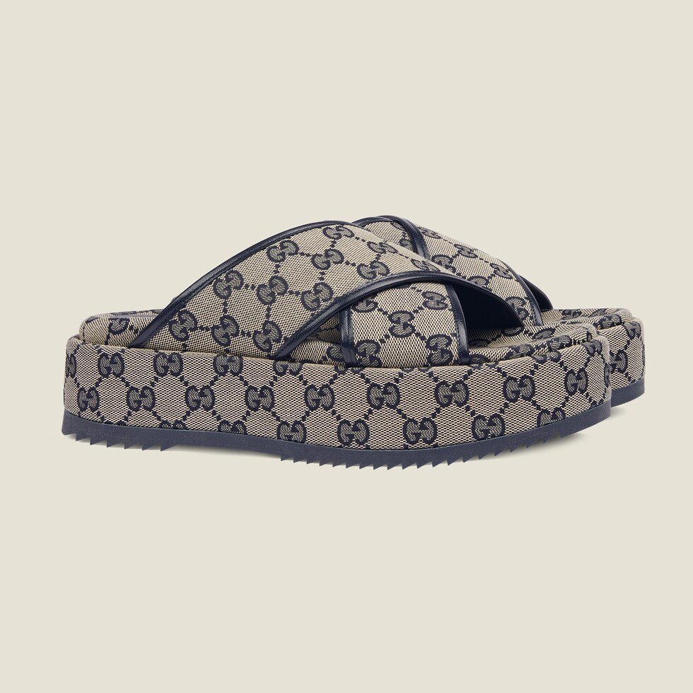 Women's GG platform slide sandal in beige and blue canvas | GUCCI® TR