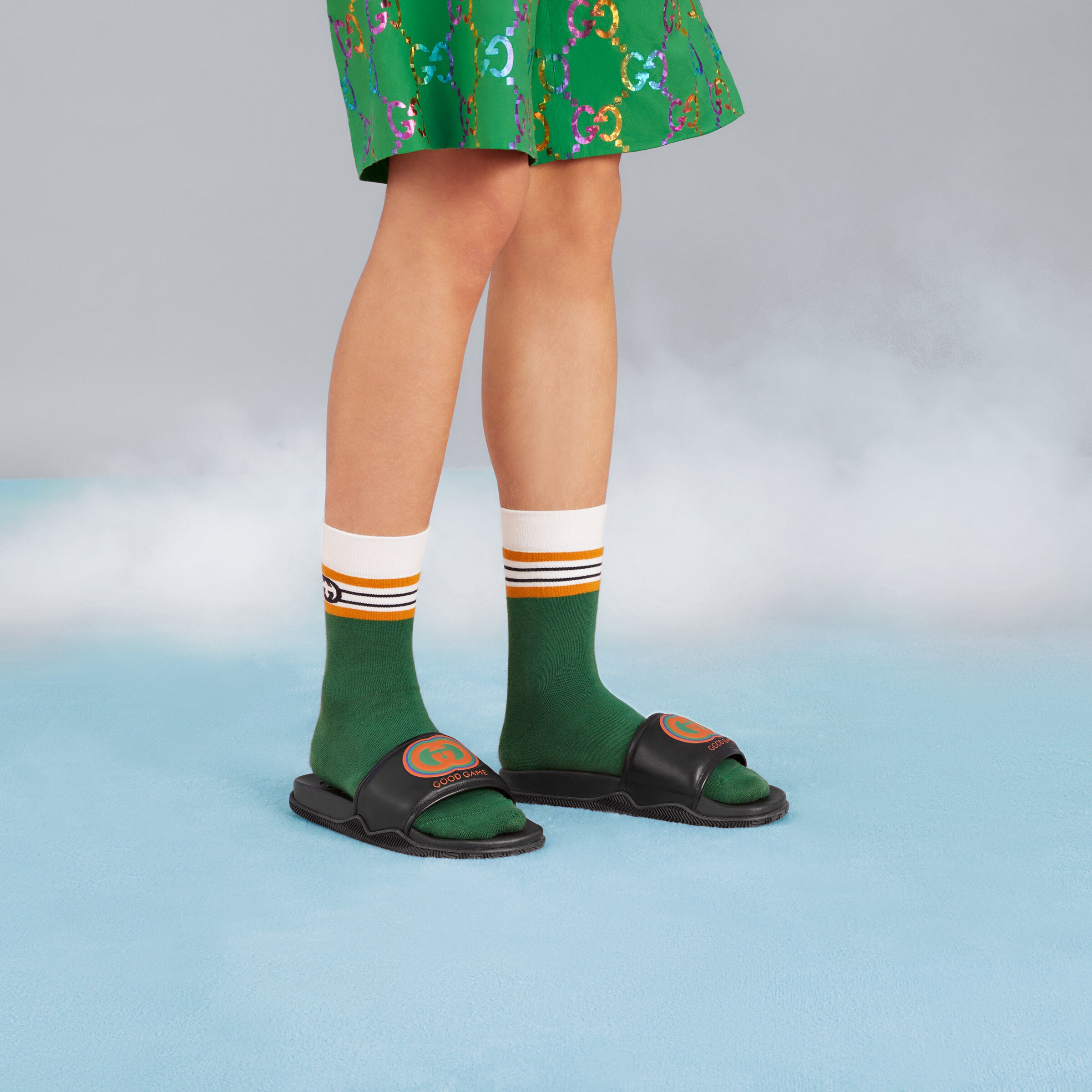 Men's Good Game slide sandal in black leather | GUCCI® Australia