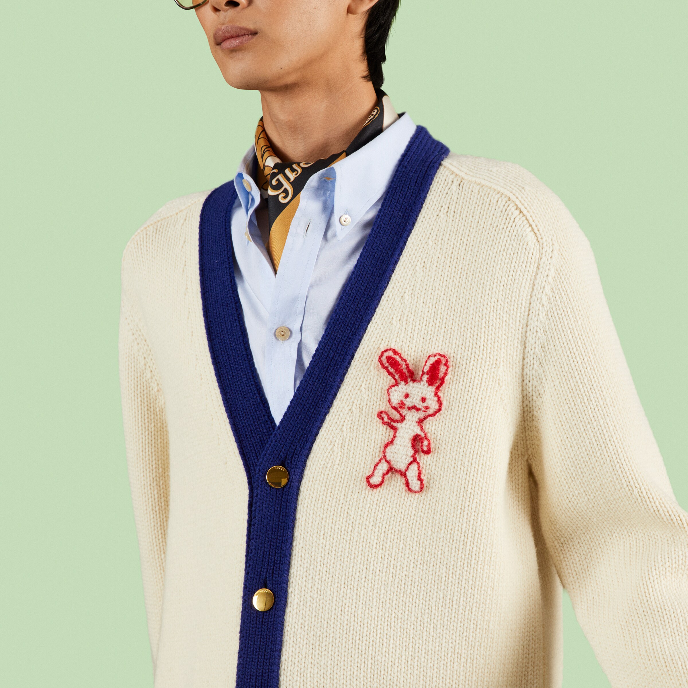 Wool cardigan in ivory and blue | GUCCI® US