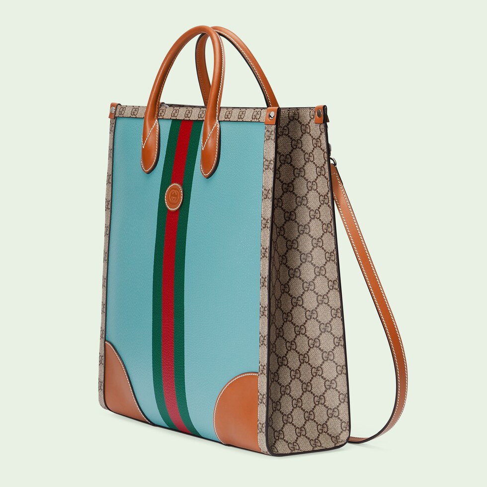 Medium tote bag with Web in blue and brown leather | GUCCI® PT
