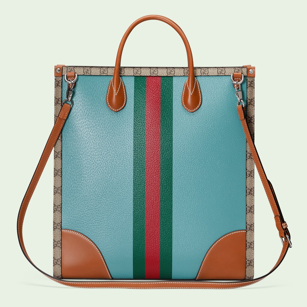 Medium tote bag with Web in blue and brown leather | GUCCI® DK