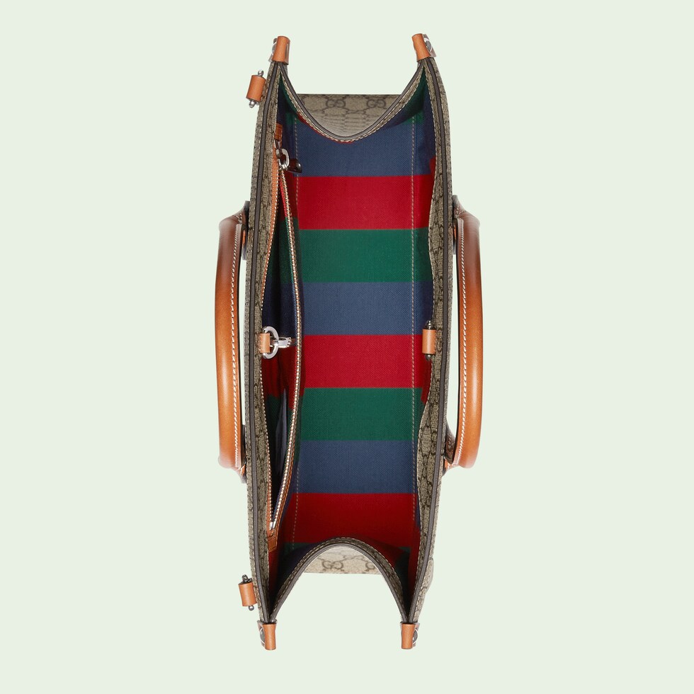 Medium tote bag with Web in blue and brown leather | GUCCI® DK
