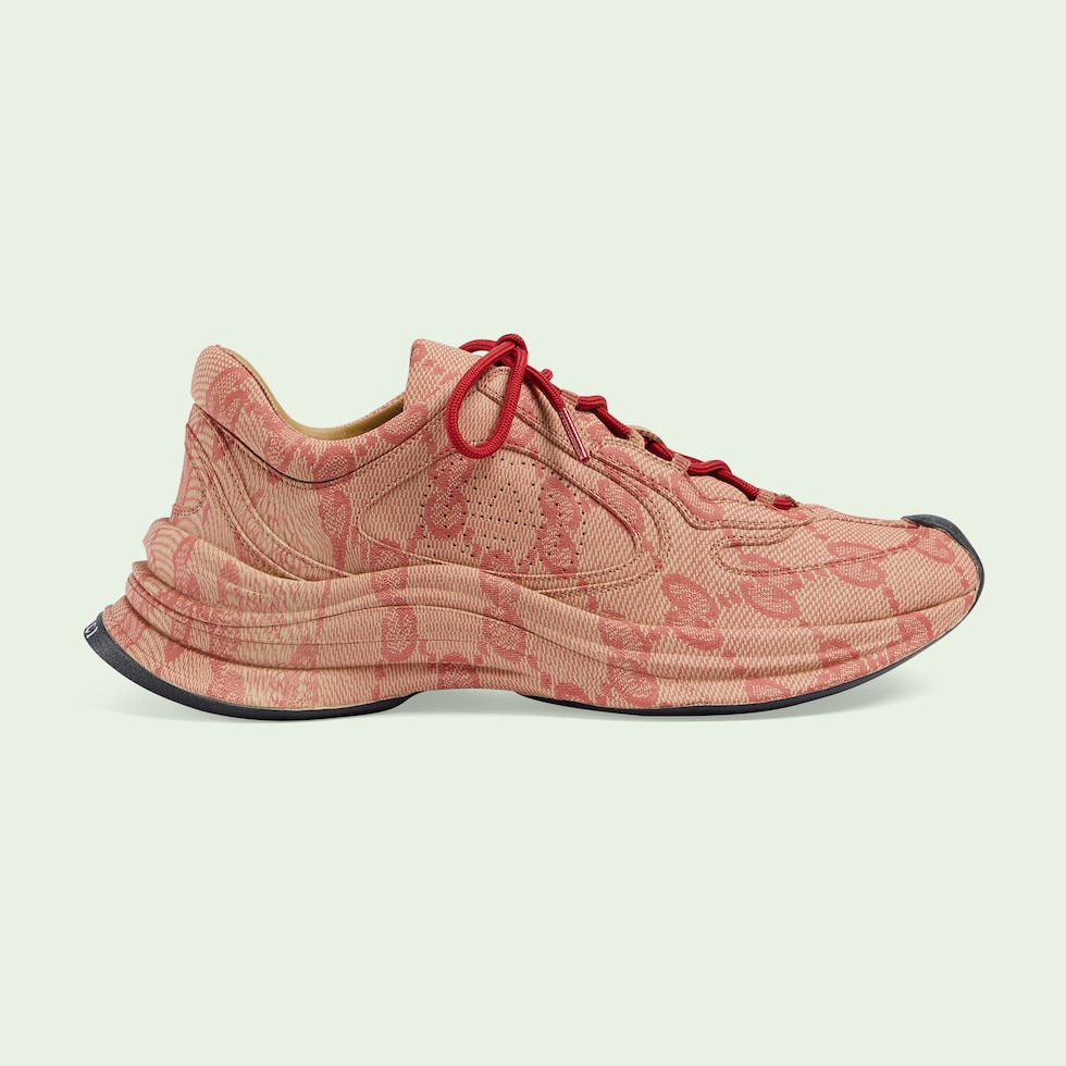 Women's Gucci Run sneaker in beige and hibiscus red leather | GUCCI® AE