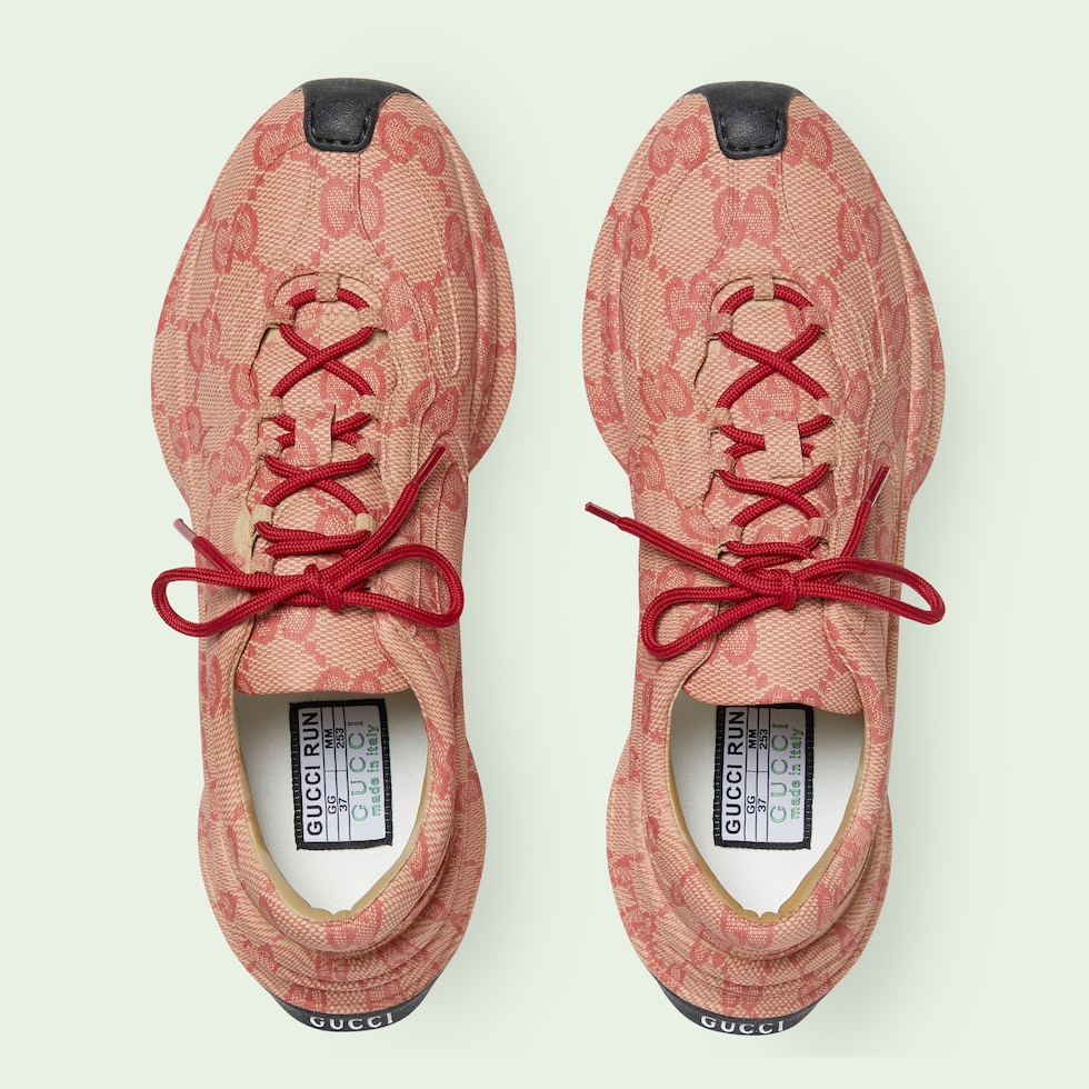 Women's Gucci Run sneaker in beige and hibiscus red leather | GUCCI® SG