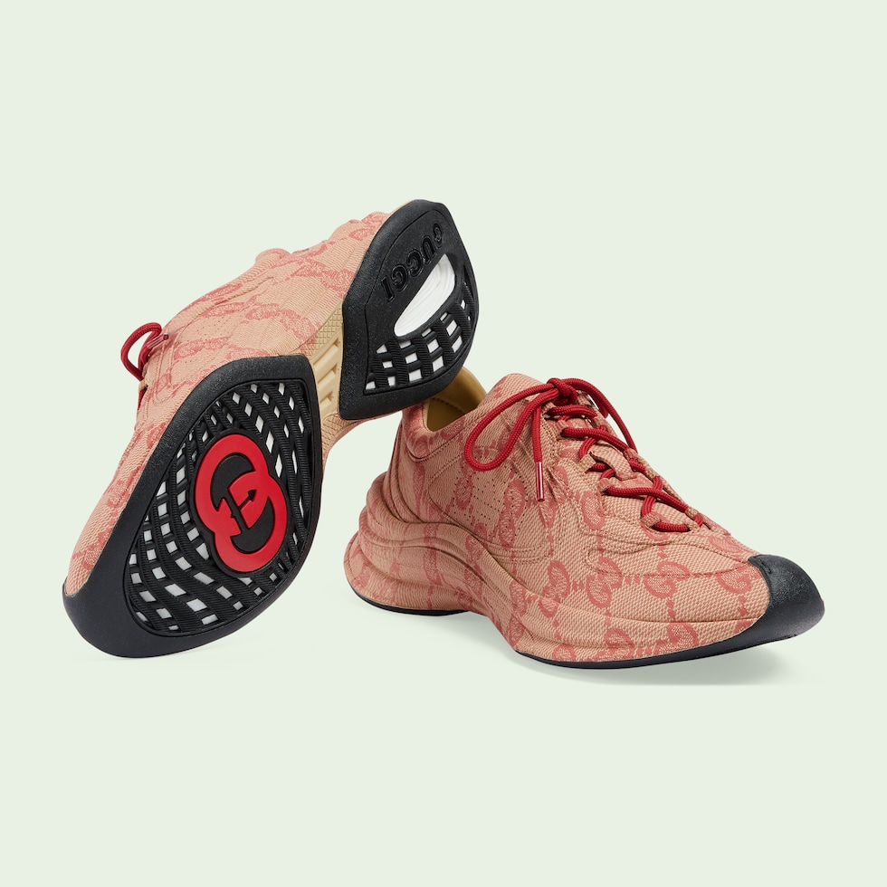 Women's Gucci Run sneaker in beige and hibiscus red leather | GUCCI® AE