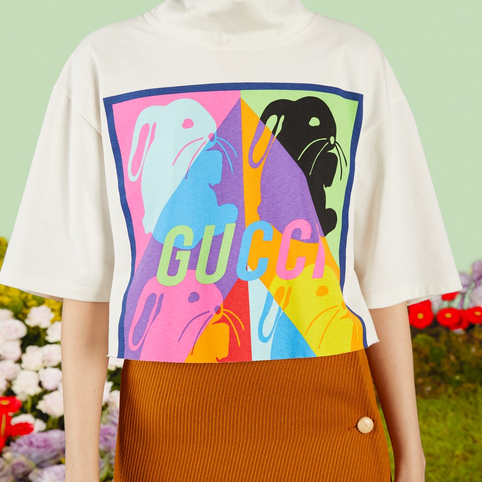 High neck bunny print cotton T-shirt in white | GUCCI® SI