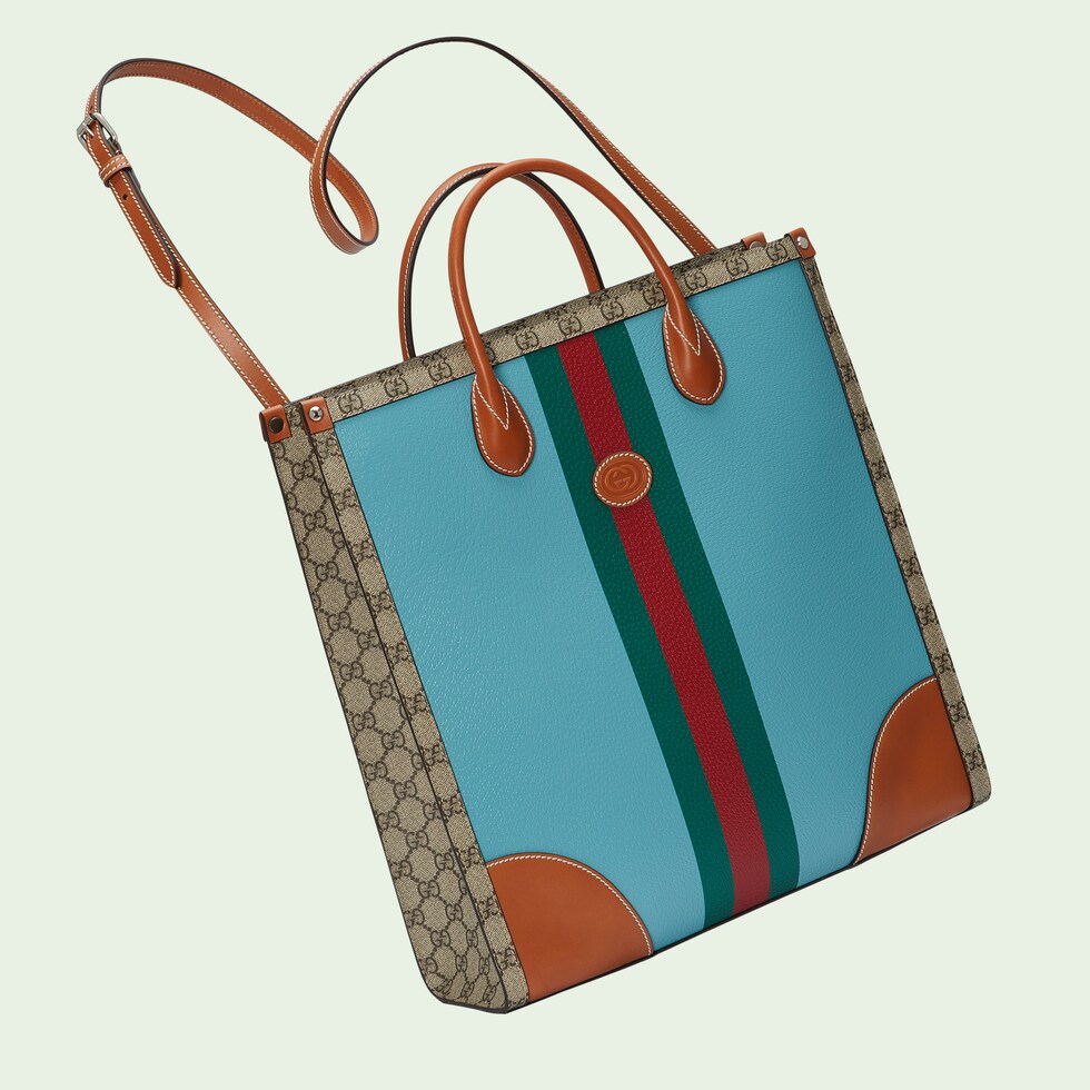 Medium tote bag with Web in blue and brown leather | GUCCI® DK