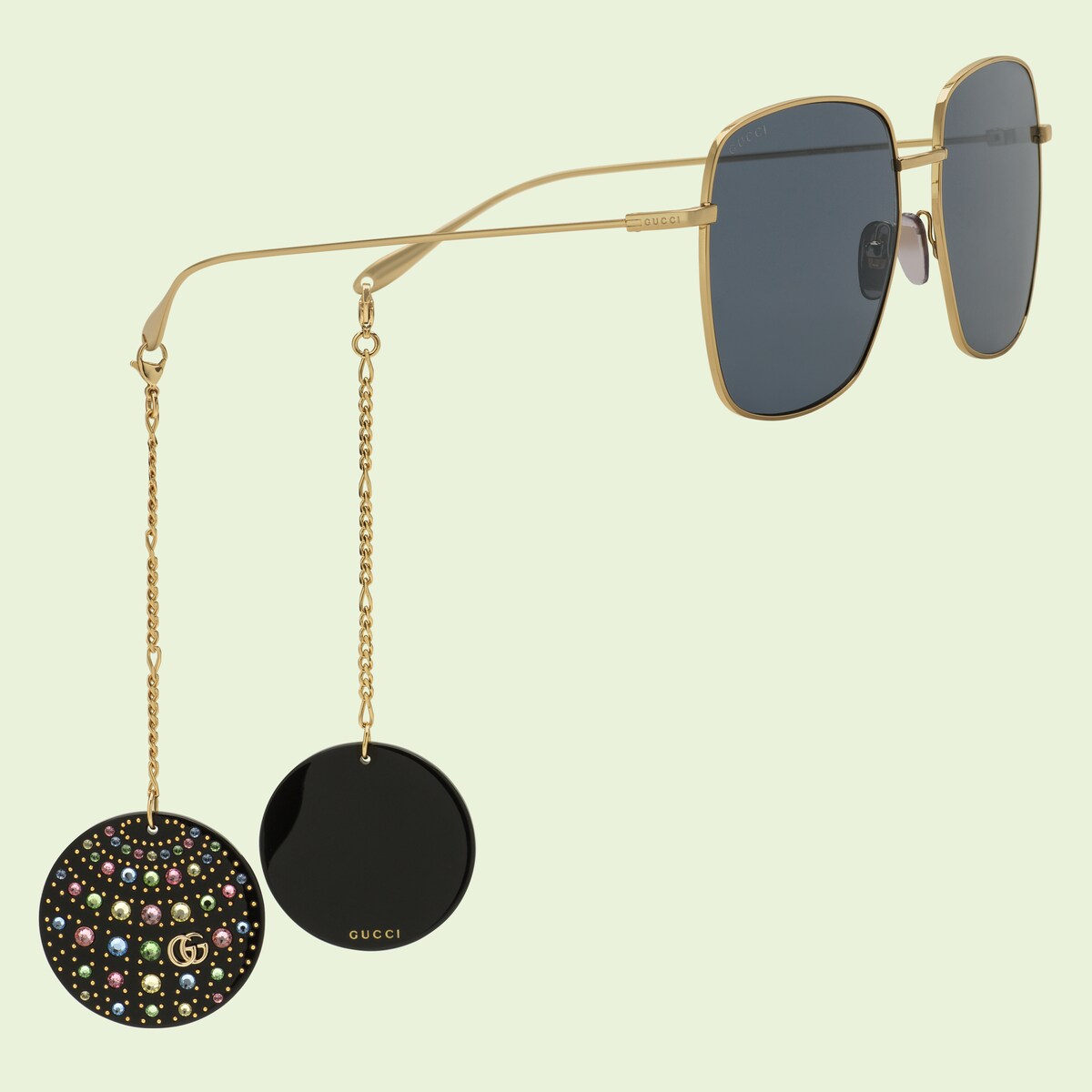 Square sunglasses with disco ball charms in gold-toned metal | GUCCI® NZ
