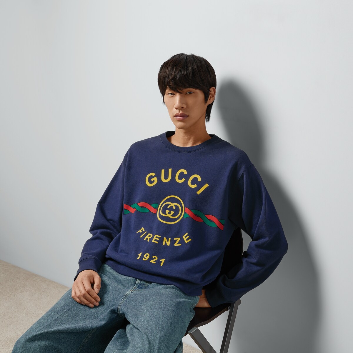 Sweat-shirt en coton avec inscription « Gucci Firenze 1921 » en bleu ...