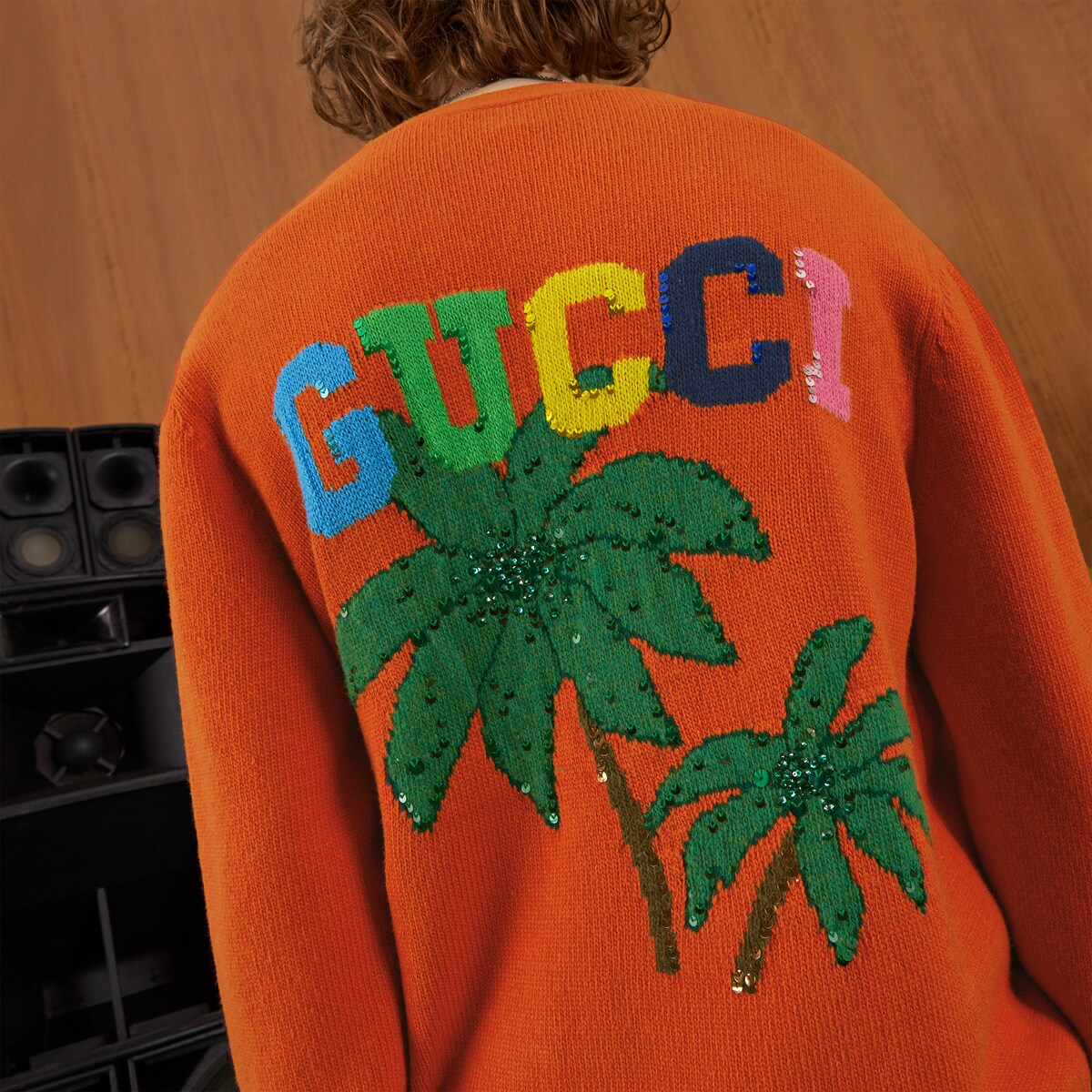 Gucci palm tree wool cardigan in orange | GUCCI® CZ