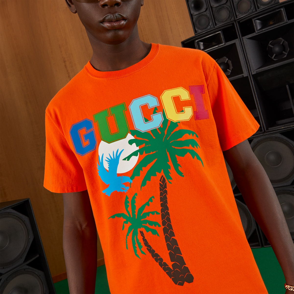 Cotton jersey T-shirt with Gucci palms in orange | GUCCI® RO