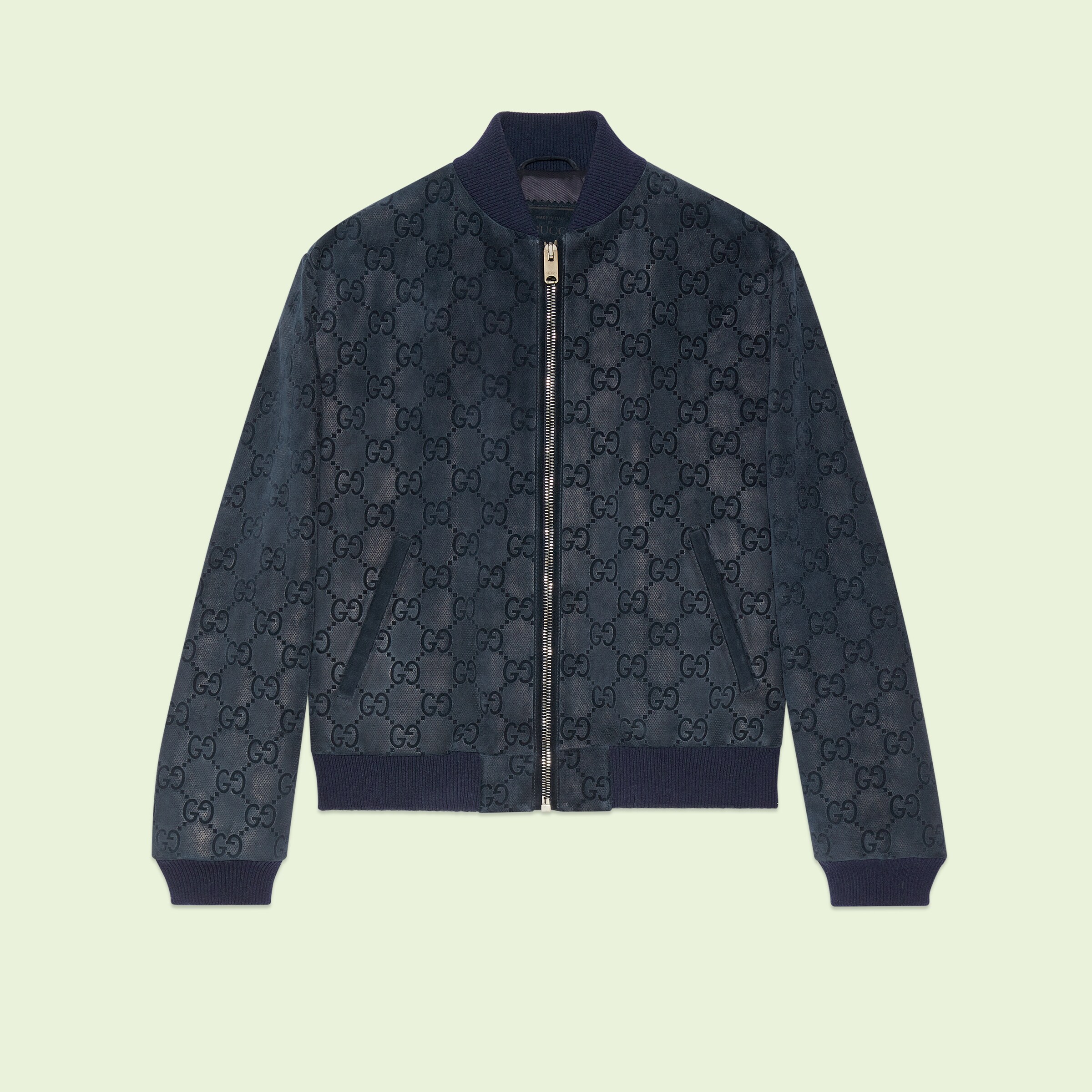 GG printed suede bomber jacket in blue | GUCCI® US