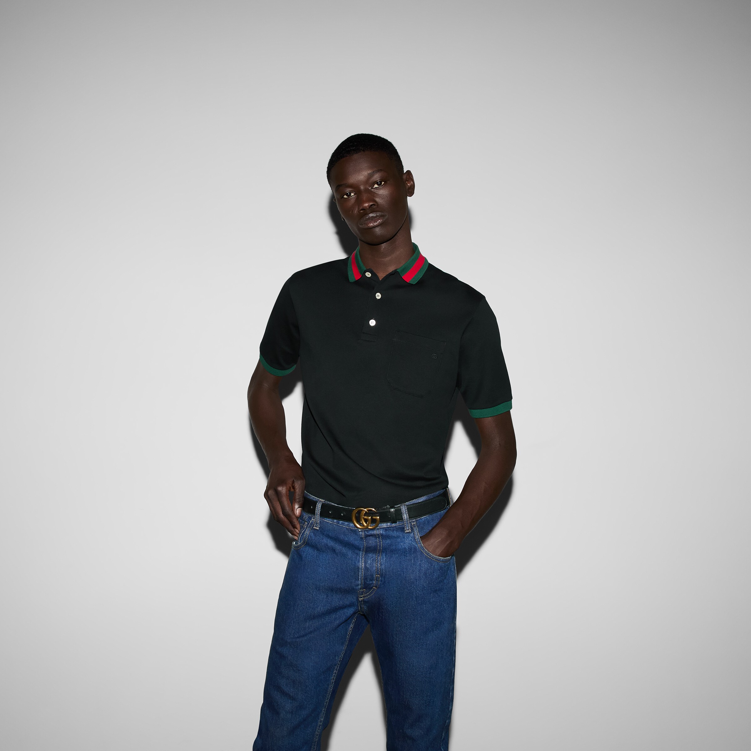 Polo en piqué de coton stretch en bleu marine | GUCCI® Canada