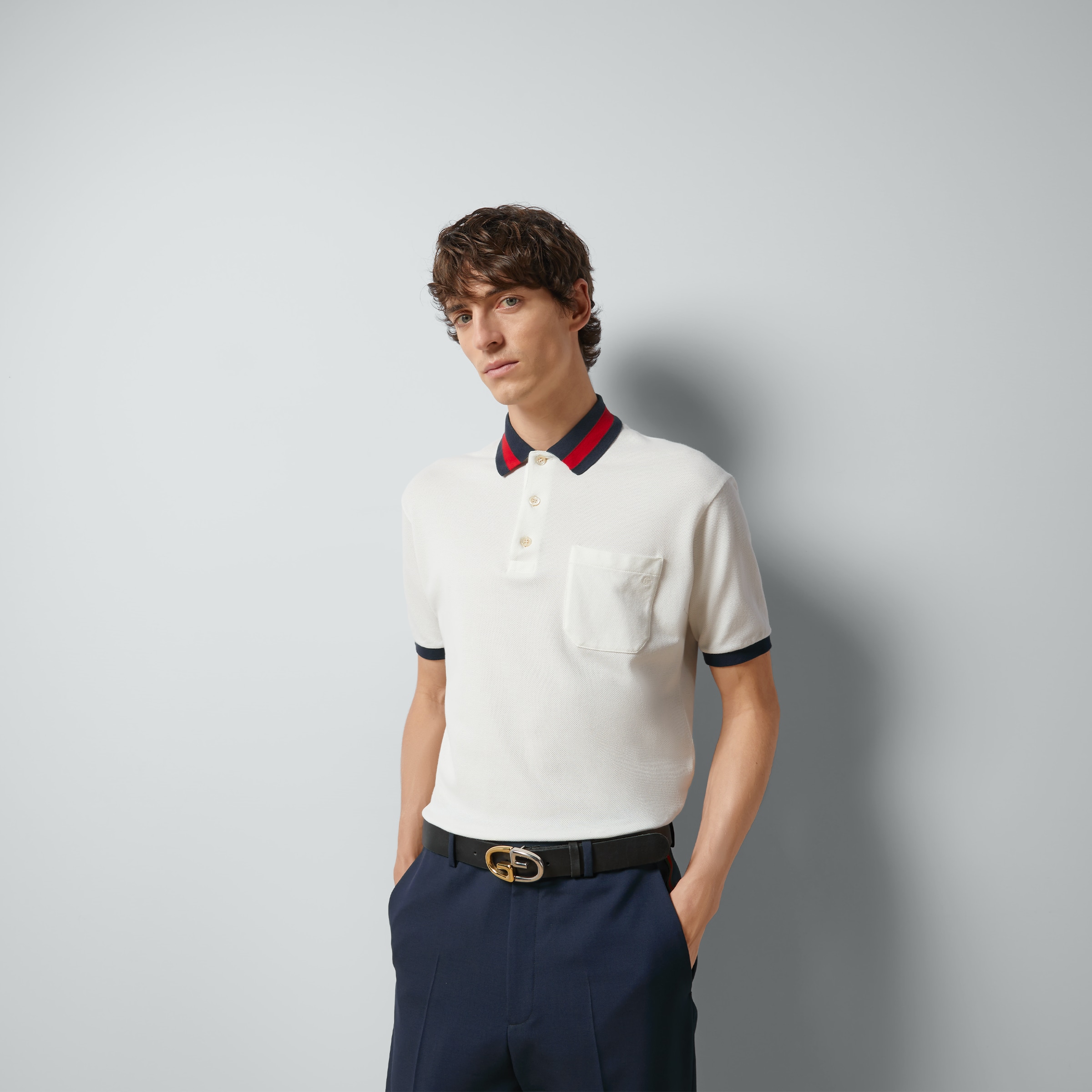 Cotton piquet polo with Web collar in ivory | GUCCI® US