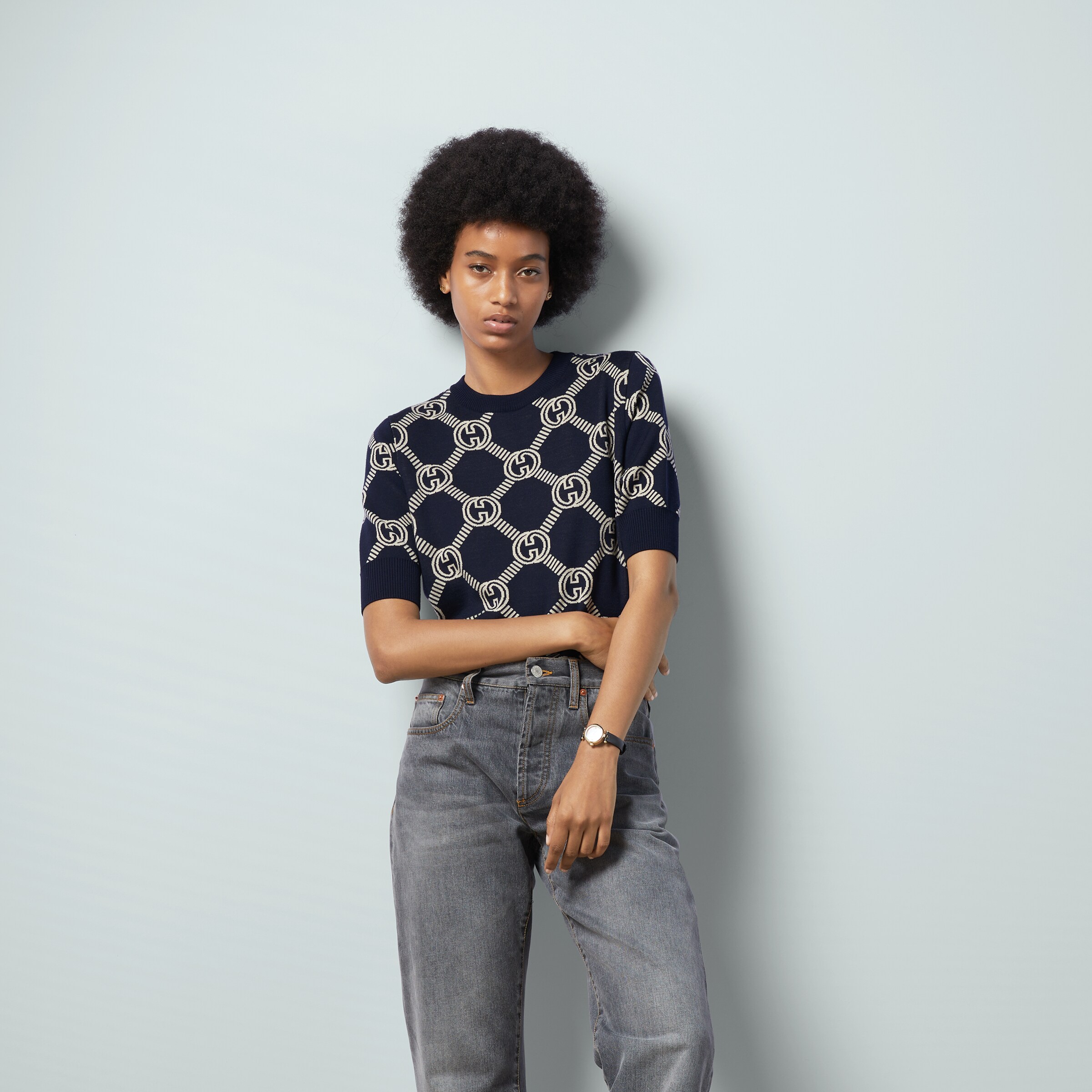 Reversible GG wool jacquard top in blue and ivory | GUCCI® US