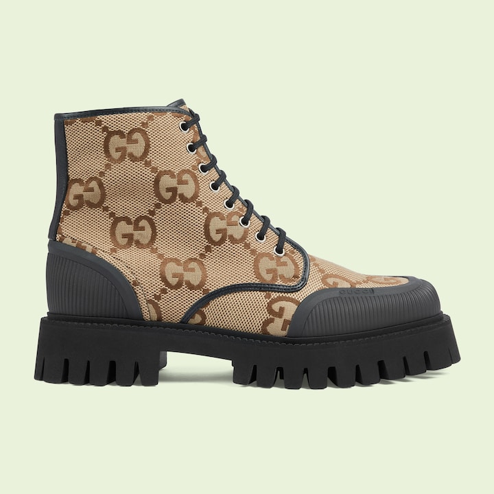 Mens Maxi Gg Lace Up Boot In Camel And Ebony Canvas Gucci® Us