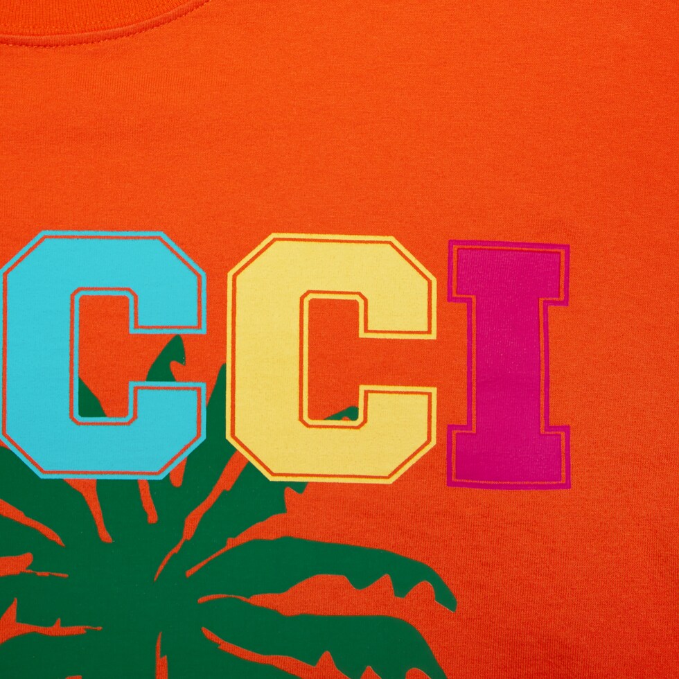 Cotton jersey T-shirt with Gucci palms in orange | GUCCI® NL