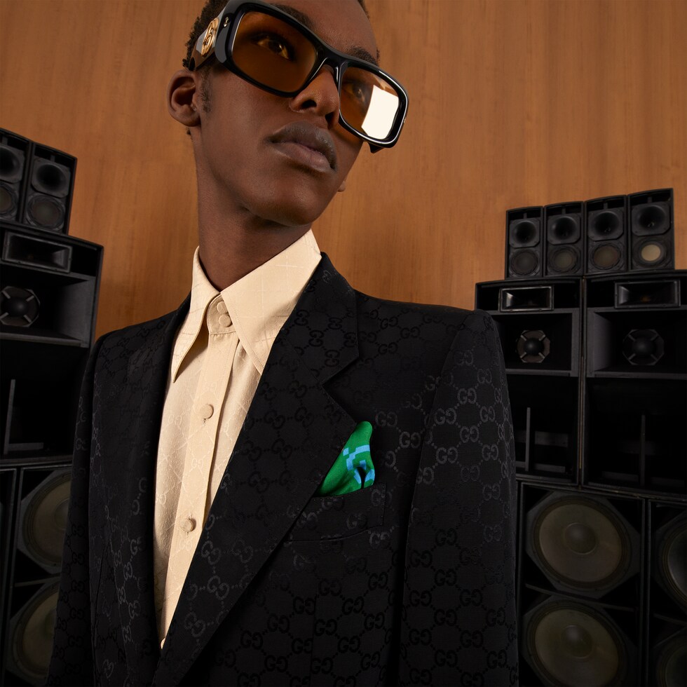 GG emoji print silk pocket square in green | GUCCI® UK
