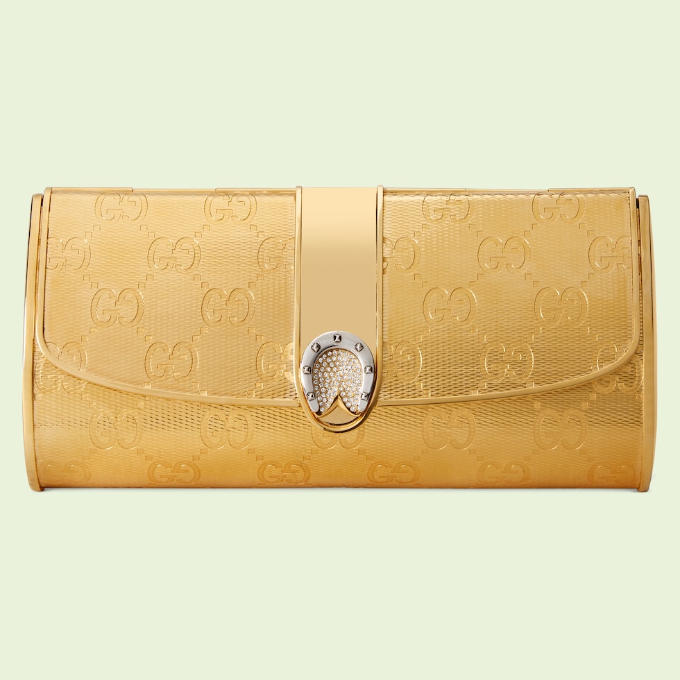 GG clutch with crystals in gold metal | GUCCI® TH