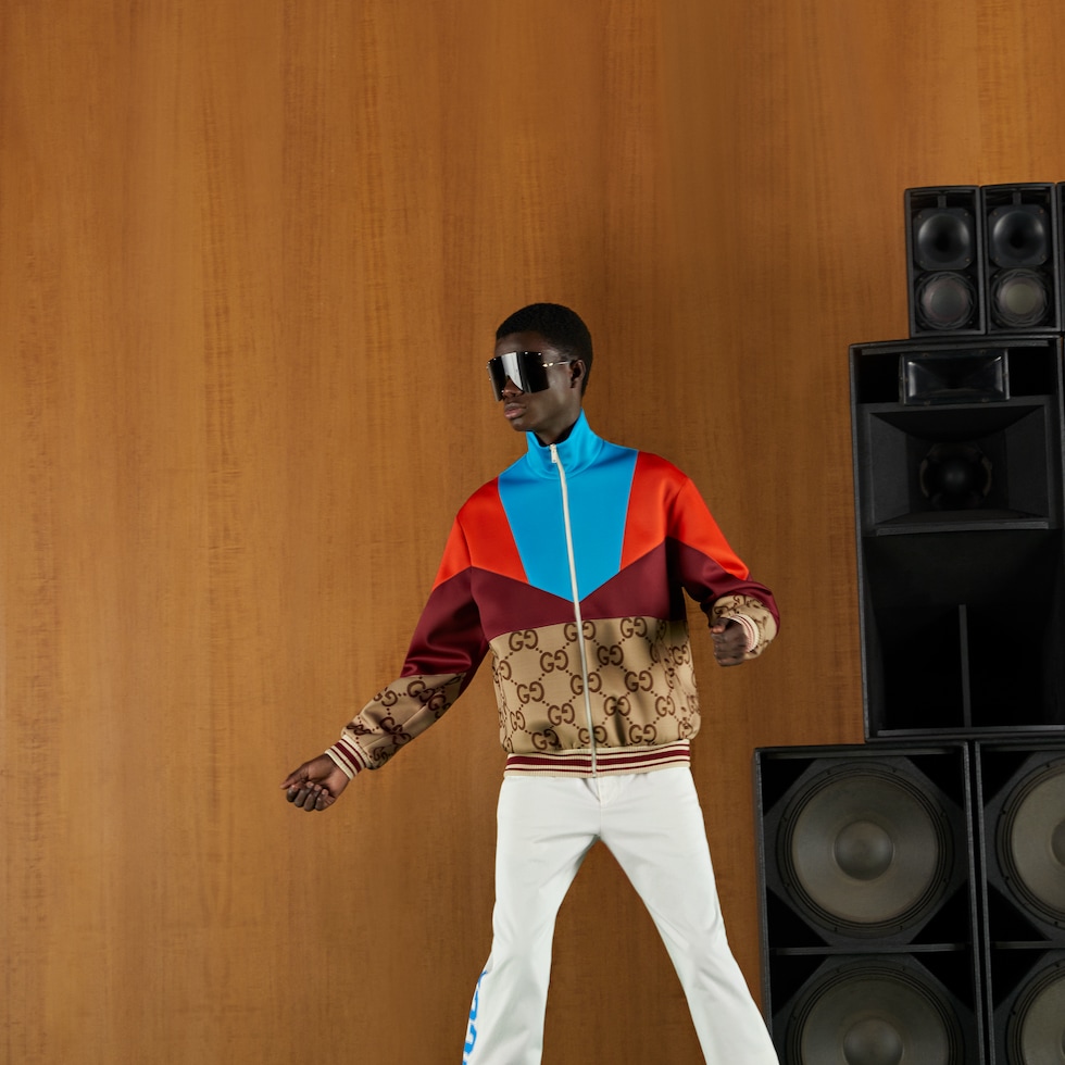 Neoprene jumbo GG zip jacket in beige and ebony | GUCCI® SG