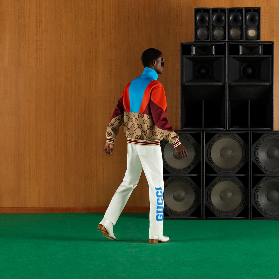 Neoprene jumbo GG zip jacket in beige and ebony | GUCCI® SG