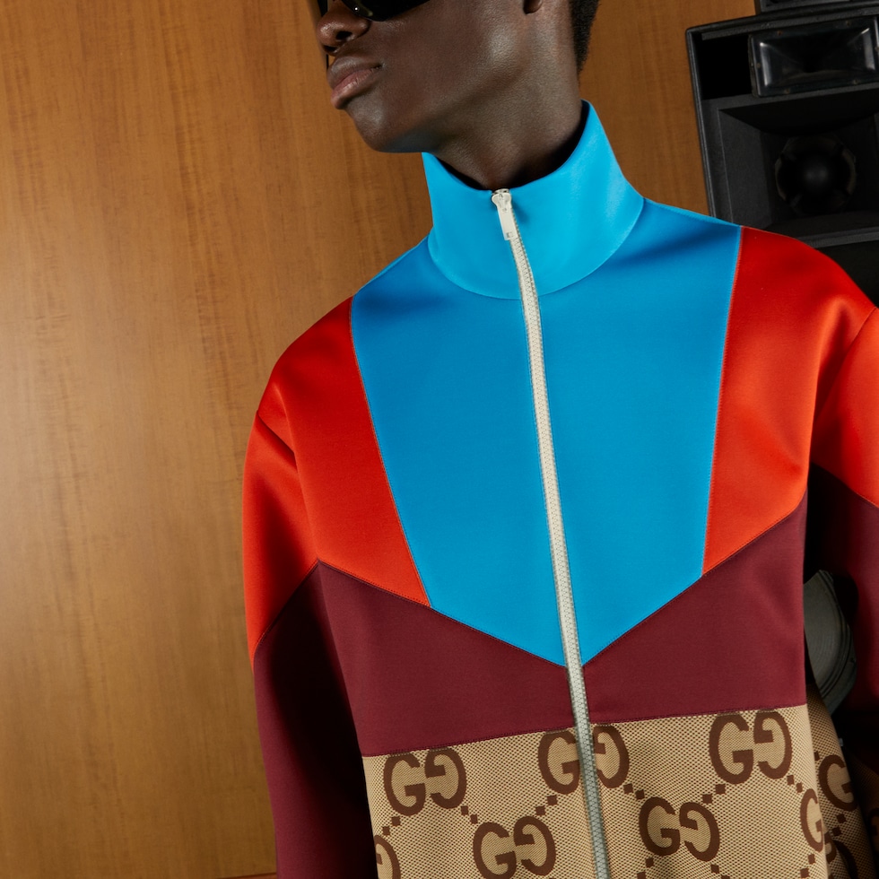 Neoprene jumbo GG zip jacket in beige and ebony | GUCCI® SG