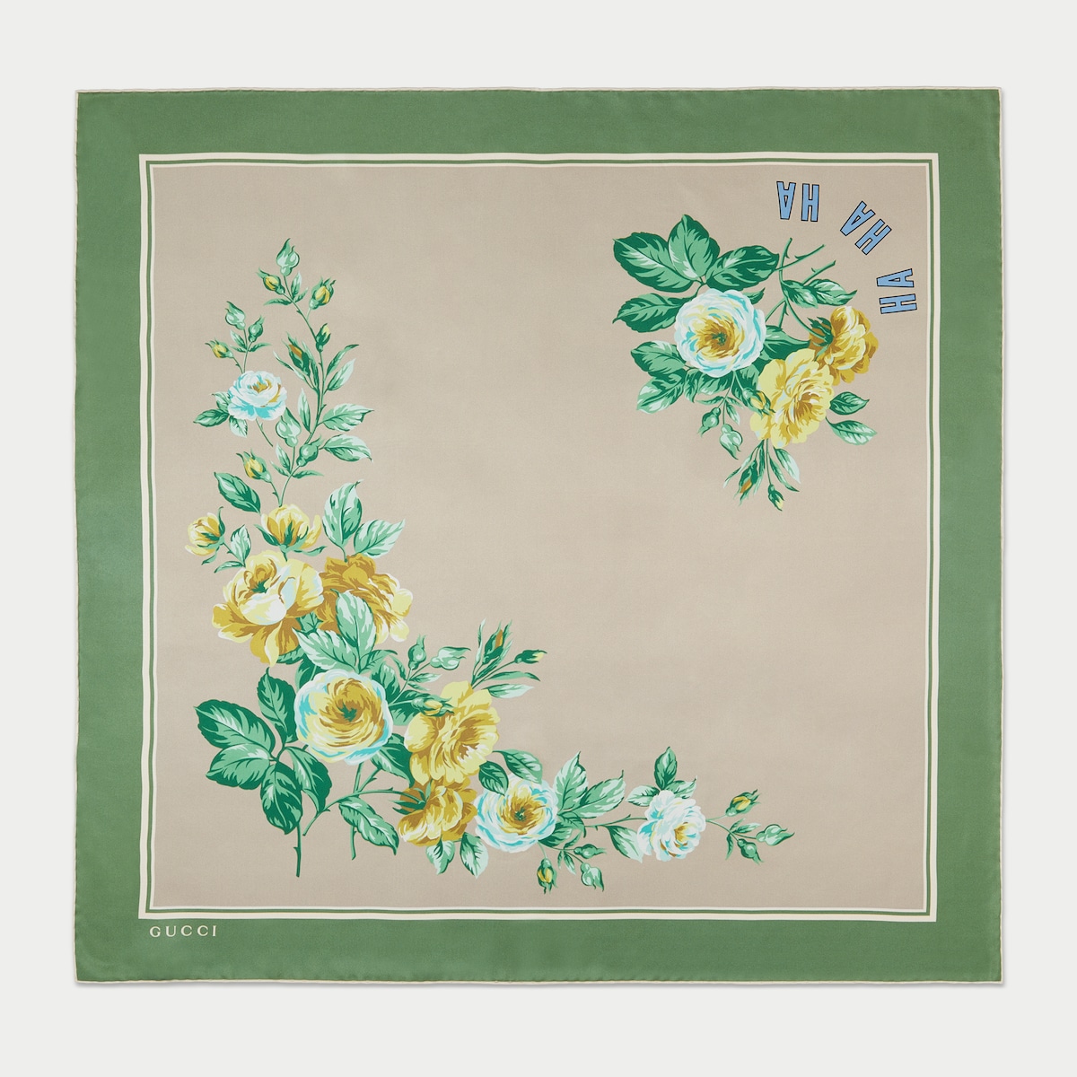 KW ®غوتشي |‎Gucci HA HA HA flower print silk scarf in beige and blue