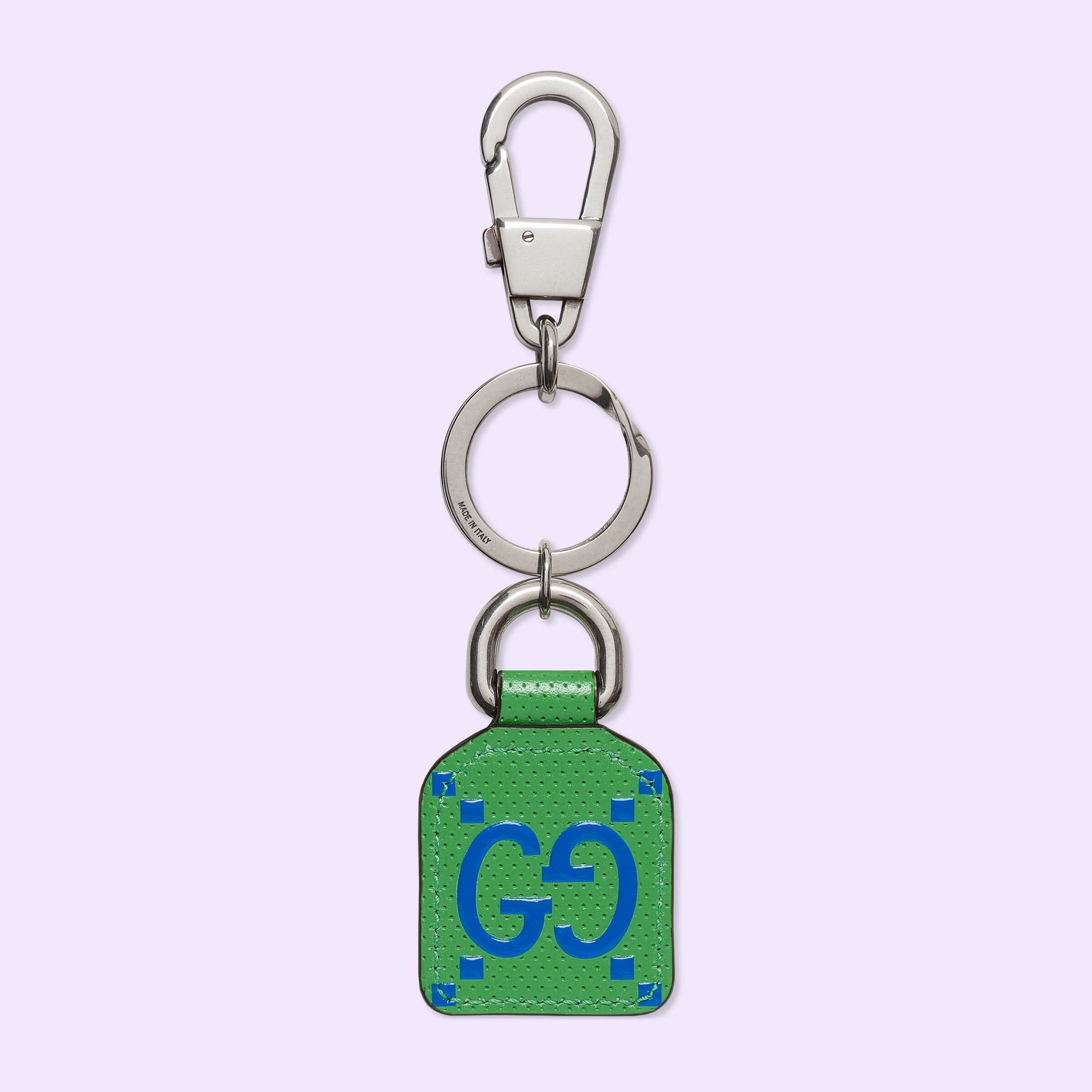 GG embossed keychain in green and blue leather | GUCCI® US