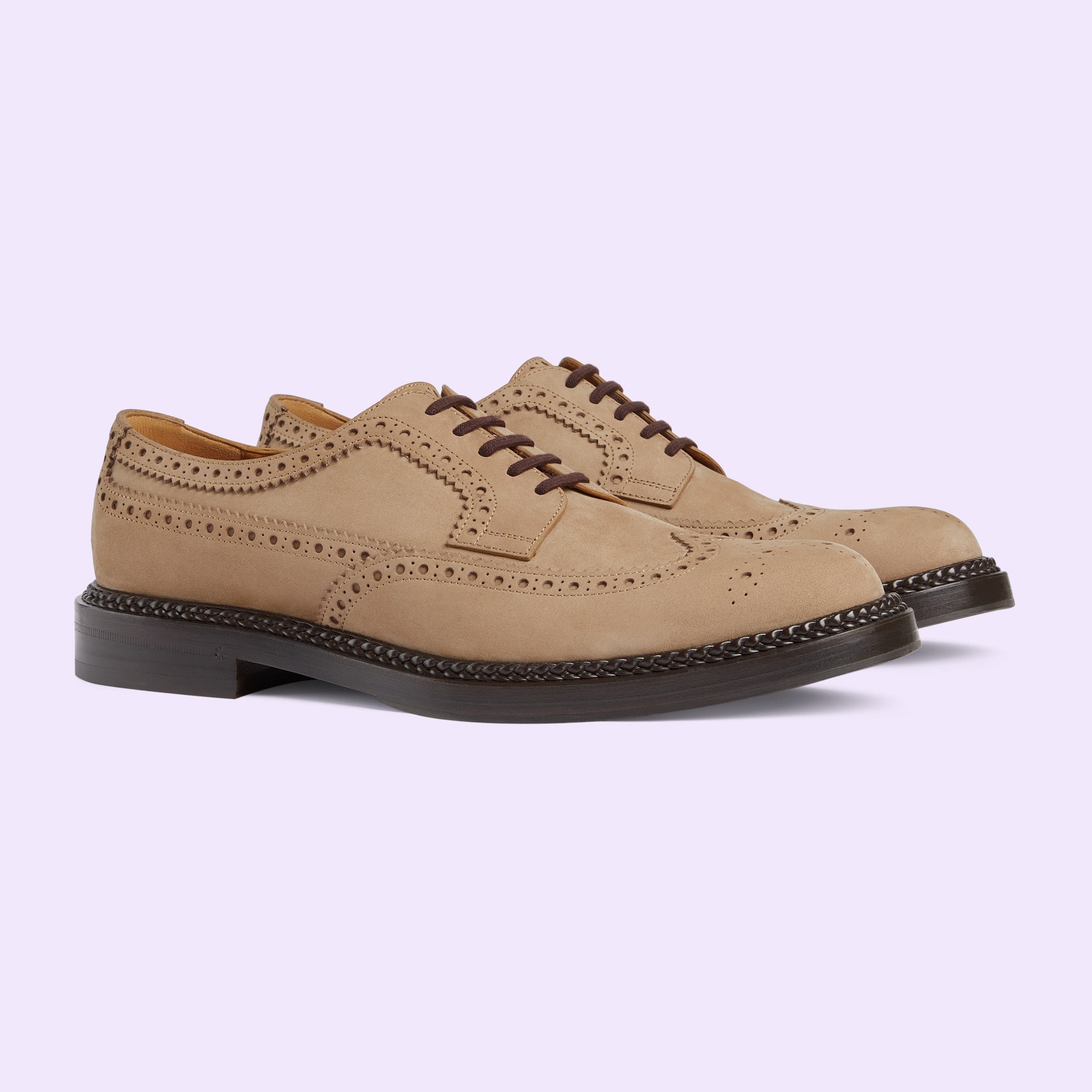 Men's lace-up shoe with brogue details en tan suede | GUCCI® ES