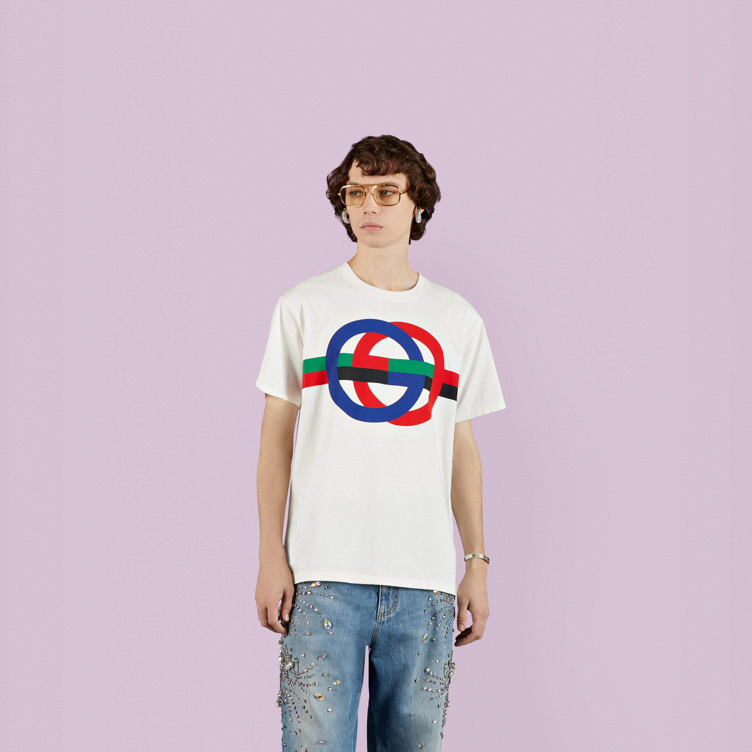 Round GG print cotton T-shirt in white | GUCCI® Australia