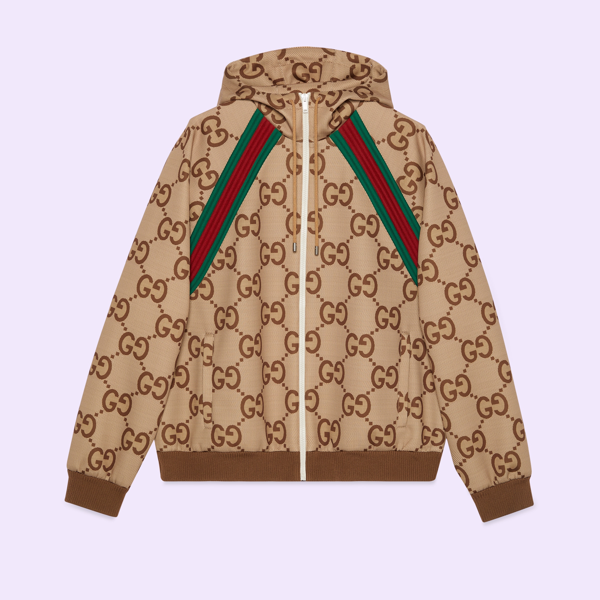 Jumbo GG zip jacket with Web in beige and ebony | GUCCI® AE