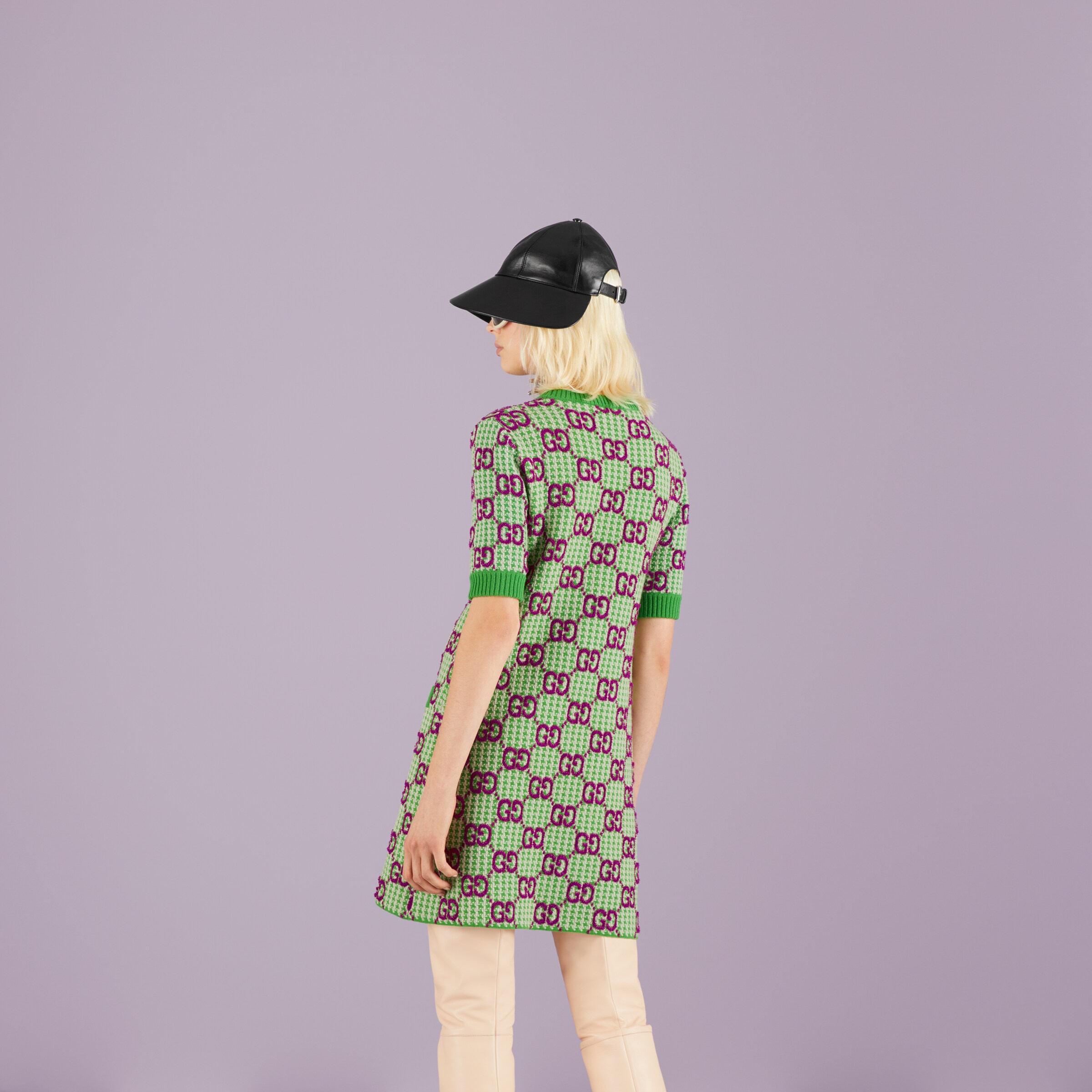GG wool houndstooth dress in green, ivory and pink | GUCCI® UK