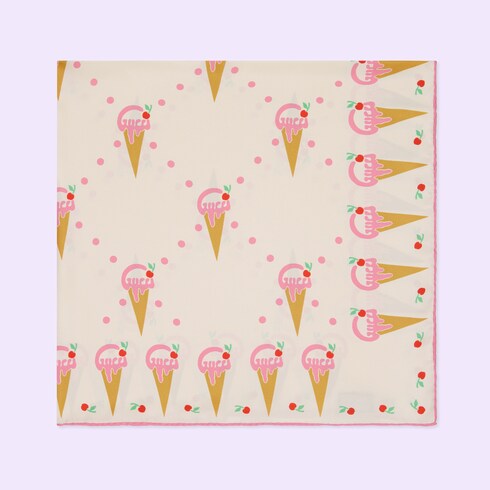 Gucci ice cream print silk carré in ivory and pink silk | GUCCI® AE