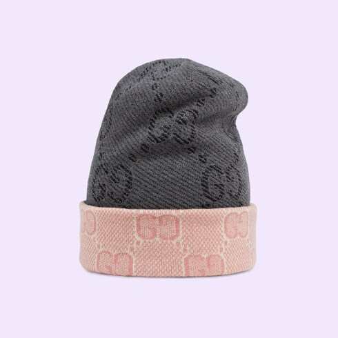 Reversible GG wool hat in grey and pink | GUCCI® 香港