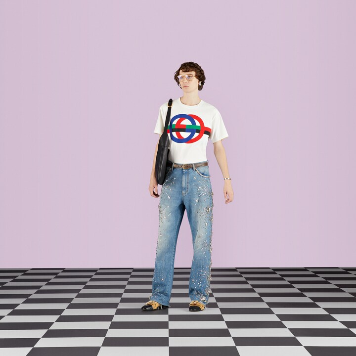 Round GG print cotton T-shirt in white | GUCCI® Australia