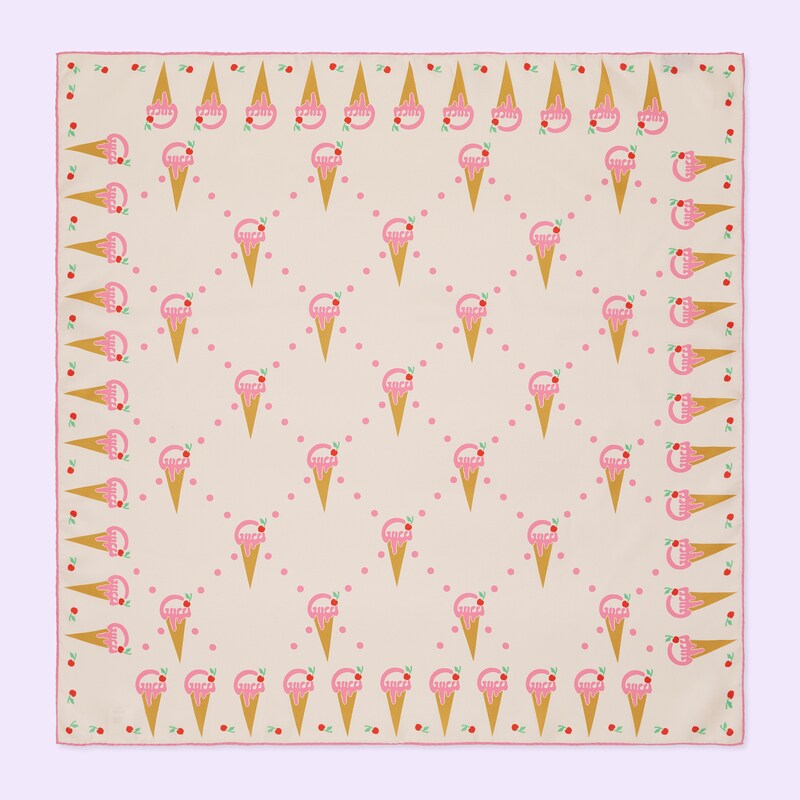 Gucci ice cream print silk carré in ivory and pink silk | GUCCI® AE